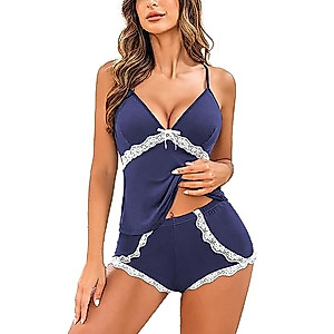 Avidlove Women Pajamas Set Sexy Sleepwear Lace Soft Nightwear Shorts Set Summer Pj Sets with Shorts (Blue,S)