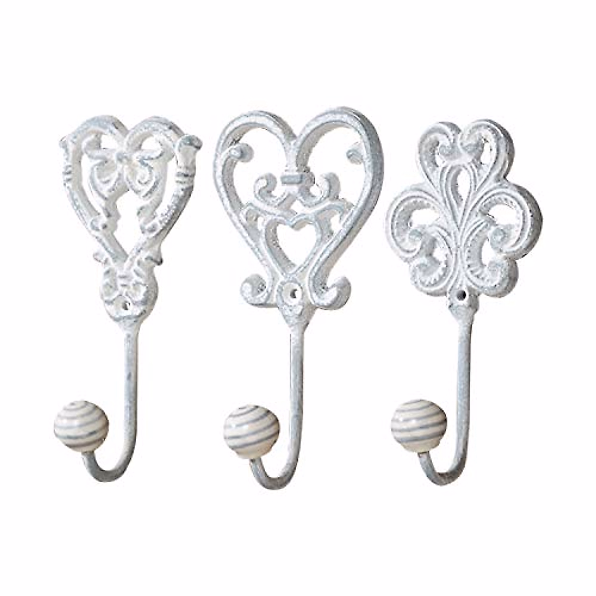 Romantic Chateaux Wall Hooks, Set of 3, Shabby French Country Style, Rustic White Finish, Cast Iron, Vintage Inspired, Striped Porcelain Caps, Each 2 3/4 L x 1 1/2 W x 5 1/2 H inches
