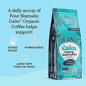 Four Sigmatic Calm Organic Decaf Ground Coffee | Swiss Water Decaf Coffee Ground | Decaffeinated Coffee with Chaga & Reishi Mushroom Extracts | Decaf Coffee for Stress Relief | 12oz Bag