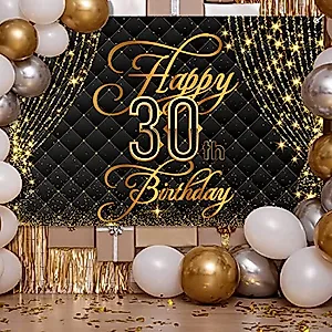 Happy 30th Birthday Banner Backdrop Royal Curtain Decorations Black Gold Background 30 Years Old Bday for Women Men Photography Party Decor Supplies