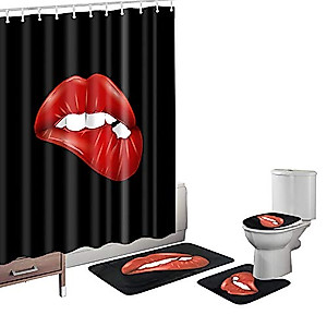 Amagical Sexy Decor Red and Black Bathroom Decoration 16 Piece Bathroom Mat Set Shower Curtain Set Woman Red Lips Print Bath Mat Contour Mat Toilet Cover Fabric Shower Curtian with 12 Hooks
