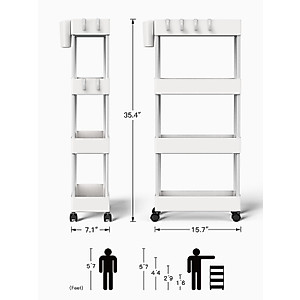 Pipishell Slim Storage Cart with Wheels, 4 Tier Bathroom Storage Organizer Rolling Utility Cart for Bathroom Kitchen Laundry Room Office Narrow Place (White)