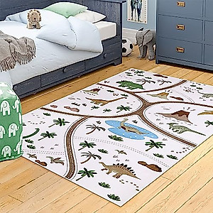 Lukinbox Kids Carpet Playmat Rug for Playroom, 4' x 6' Dinosaur Road Traffic Play Mat for Bedroom, Large Non-Slip Washable Children Nursery Area Rugs Baby Crawling Mat for Kids Room Safe Area