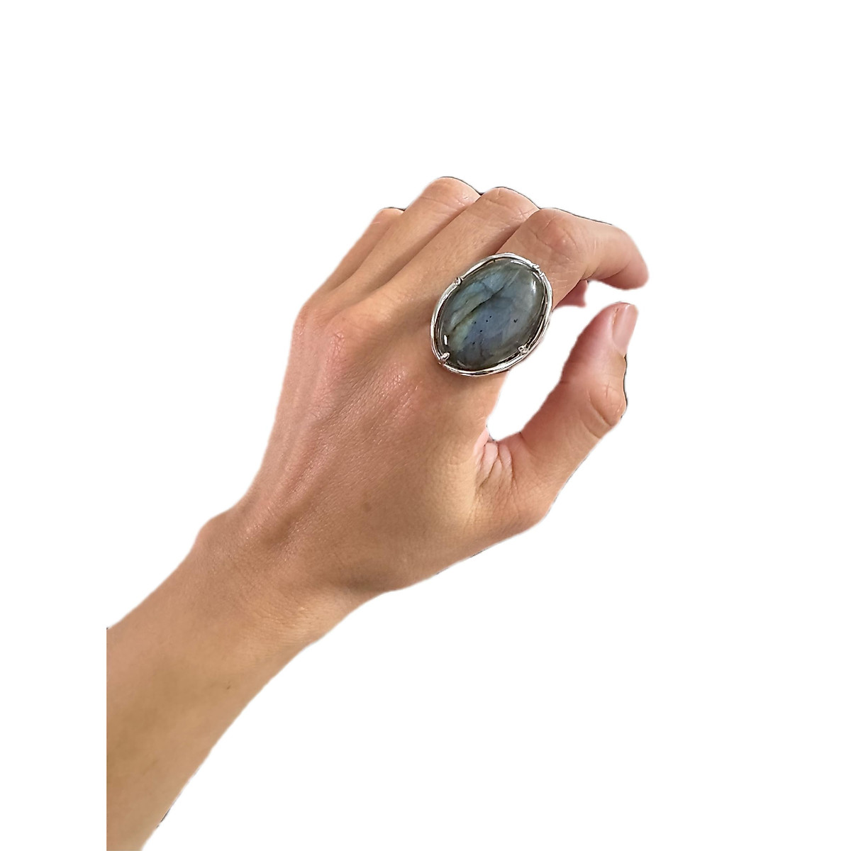 Natural Stone Adjustable Finger Rings Semi Precious Oval Shaped Gemstone Jewelry For Women Anniversary Birthday Wedding Gift (AA Quality Labrodarite)