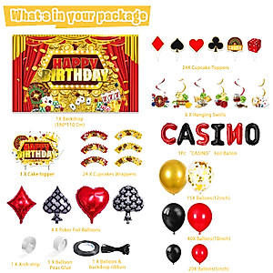 LXlucktim Casino Theme Birthday Party Decorations, 144 Pcs Las Vegas Party Decor Supplies - Backdrop, Cake, and Cupcake Toppers, Balloons, Hanging Swirls, Cupcakes Wrappers