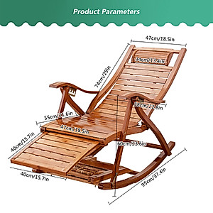 LOERSS Foldable Rocking Chair,Garden Deck Chairs for Elderly,Bamboo Chair,Foldable Recliner,Outdoor Rocking Chair,Garden Chair,with Headrest Pillow and Foot Massage Board
