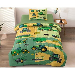 Leaflin Twin Construction Bedding Set for Boys Kids Farm Tractor Bedding 4 Pieces Cars Twin Comforter Set for Boys, Twin Truck Bed in a Bag Set Boys