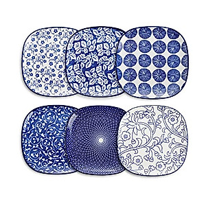 Selamica Porcelain Square Dessert Salad Pasta Plates 7.6 inches ceramic plates set of 6 microwave/dishwasher/oven safe, Vintage Blue