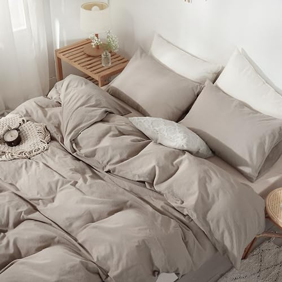 ATsense Duvet Cover King Size, 100% Washed Cotton Linen Feel Super Soft Comfortable, 3-Piece Tannish Linen Grey Duvet Cover Bedding Set, Durable and Easy Care, Simple Style Farmhouse Comforter Cover