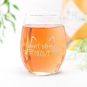 Dont Stress Meowt Cat Lover Stemless Wine Glass - Kitten, Cat Lover, Cat Gift, Pet Gift, Cat Wine Glass