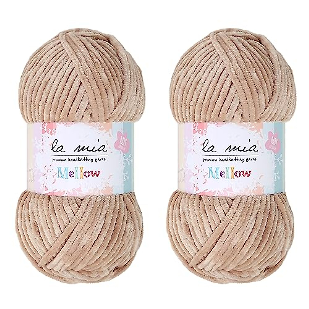 2 Skein La Mia Mellow Velvet Chenille Yarn for Knitting and Crocheting Baby Clothes, Blankets and Accessories, 100% Polyester, 100 gr (3.5 oz) / 115 m (125 Yards), Super Bulky, Beige - 908