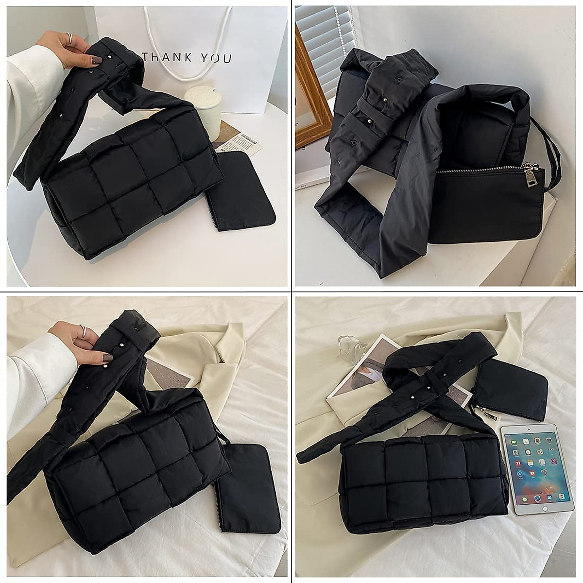 YILINRUI Woven Cotton Padded Women Shoulder Bag Brands Designer Stuffing Down Crossbody Bags for Women 2021 Knitting Handbag (Black)