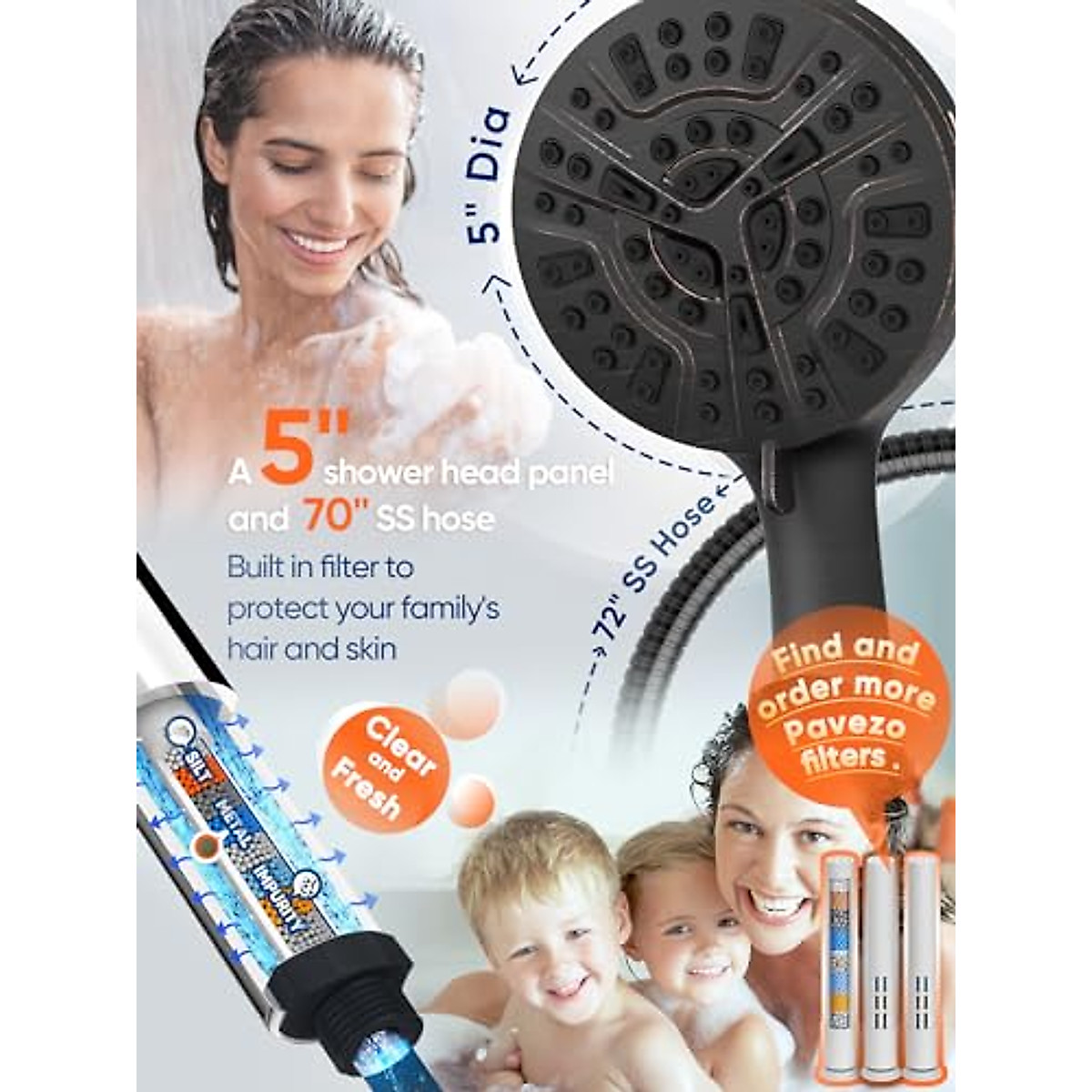 Pavezo Handheld High Pressure Shower Head with Filter 5" Large, Extra Long 70" SS Hose 10-mode Detachable Shower Head with Hard Water Filter, Powerful to Clean Tile & Pets, Oil Brushed Bronze