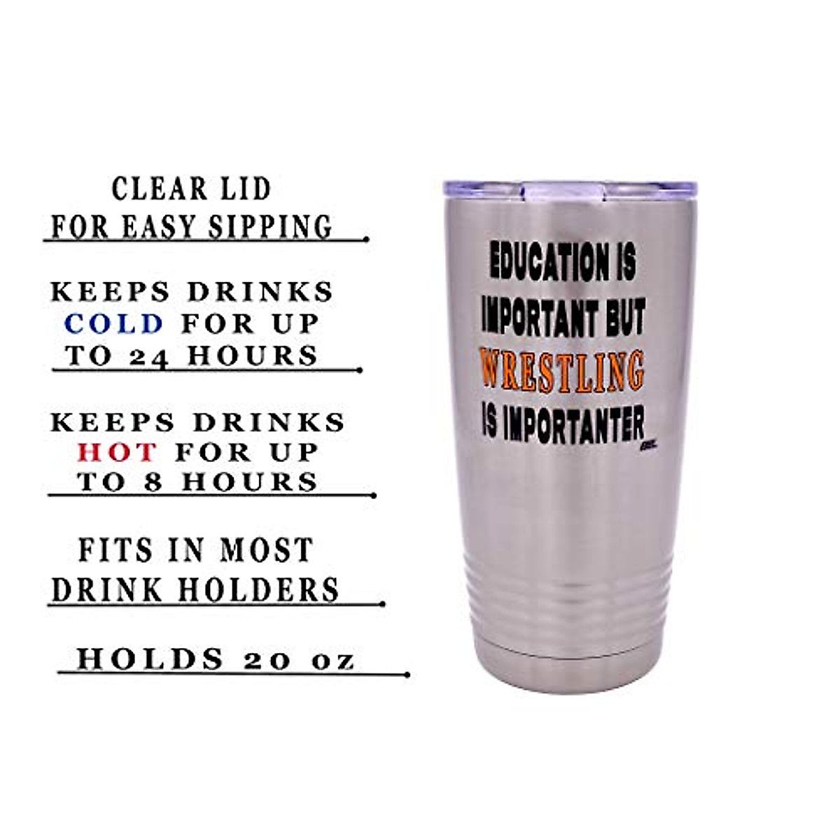 Rogue River Tactical Funny Wrestling 20 Oz. Travel Tumbler Mug Cup w/Lid Education Important Wrestler Gift Idea