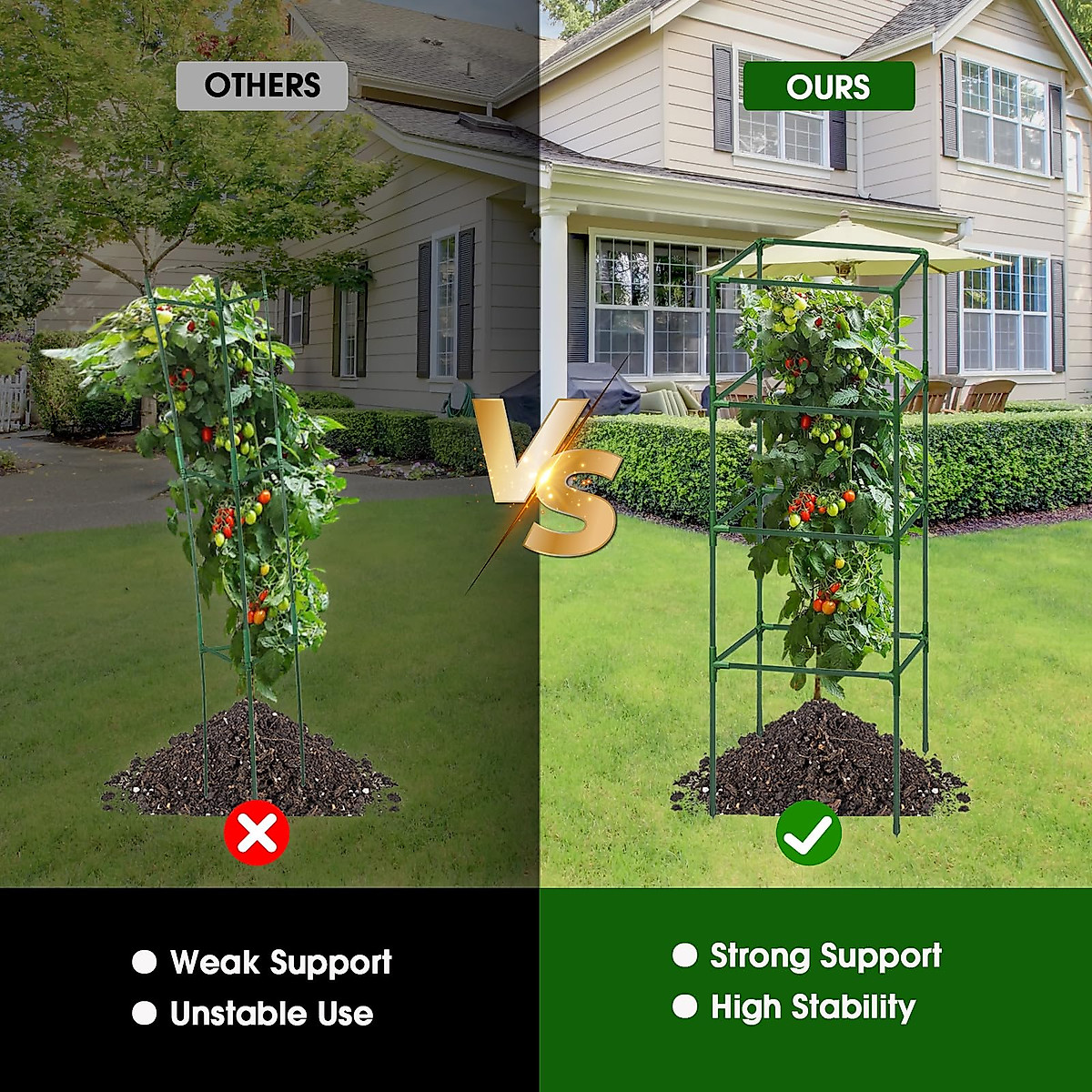 Hoyejyou 3 Pack Tomato Cages for Garden, 41.5 x 14 x 14 Inches Square Tomato Plant Support Pole, Heavy Duty Steel Plant Tower Stakes, Garden Cucumber Trellis for Climbing Vegetables Flowers Fruits