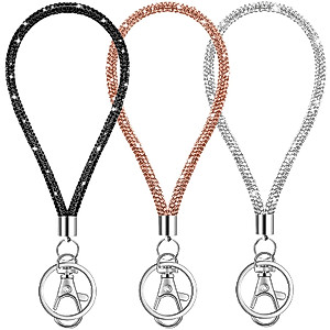 3 Pieces Bling Wristlet Keychain Wristlet Lanyard Keychains for Women Rhinestone Lanyards for Keys Wristlet Keychain for Women Keychain Wallet Credit Card Holder (Black, Champagne, White)