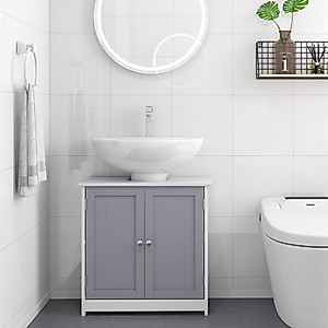 kleankin Pedestal Sink Storage Cabinet, Vanity Base Cabinet, Under Sink Bathroom Cabinet with U-Shape Cut-Out and Adjustable Internal Shelf, White and Gray