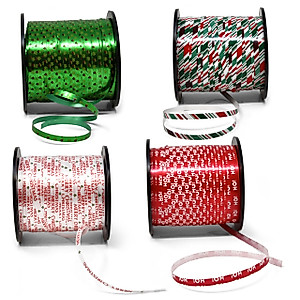 Gift Boutique Christmas Curling Ribbon 4 Pack Rolls Printed Red Green & White Stripes, HO, Santa Hat, Merry Xmas Party Crafts Supply Decorations- 350 Yards Per Roll - Total of 4200 Feet 5mm Ribbon