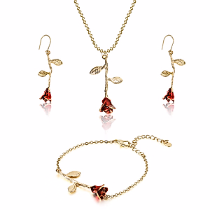 18K Gold Plated Jewelry Set Rose Necklace Bracelet Earrings Personalized Red Rose Flower Necklaces Aesthetic Chain Bracelet Beach Anklets Dangle Hook Earrings for Christmas Gift Girls Teen Women