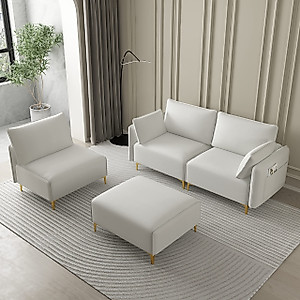 kevinplus 108.6'' Sectional Sofa Couch with USB for Living Room, Modern 3-Seat L-Shape Sectional Sofa Couch with Convertible Chaise Ottoman, for Bedroom Home Office Apartment, Golden Metal Legs, Beige