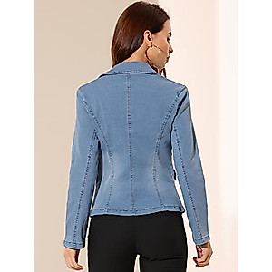 Allegra K Women's Notched Lapel One Button Long Sleeve Business Washed Denim Blazer Medium Light Blue