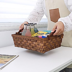 Rectangular Wooden Basket, Natural Hand Woven Storage Basket with Handles for Sundries Toys Fruits (Dark Brown)
