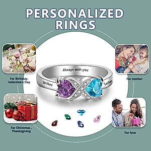 Tian Zhi Jiao Customized 2 Heart Simulated Birthstone Mothers Ring Engraved 2 Names Personalized Promise Ring for Women (6)