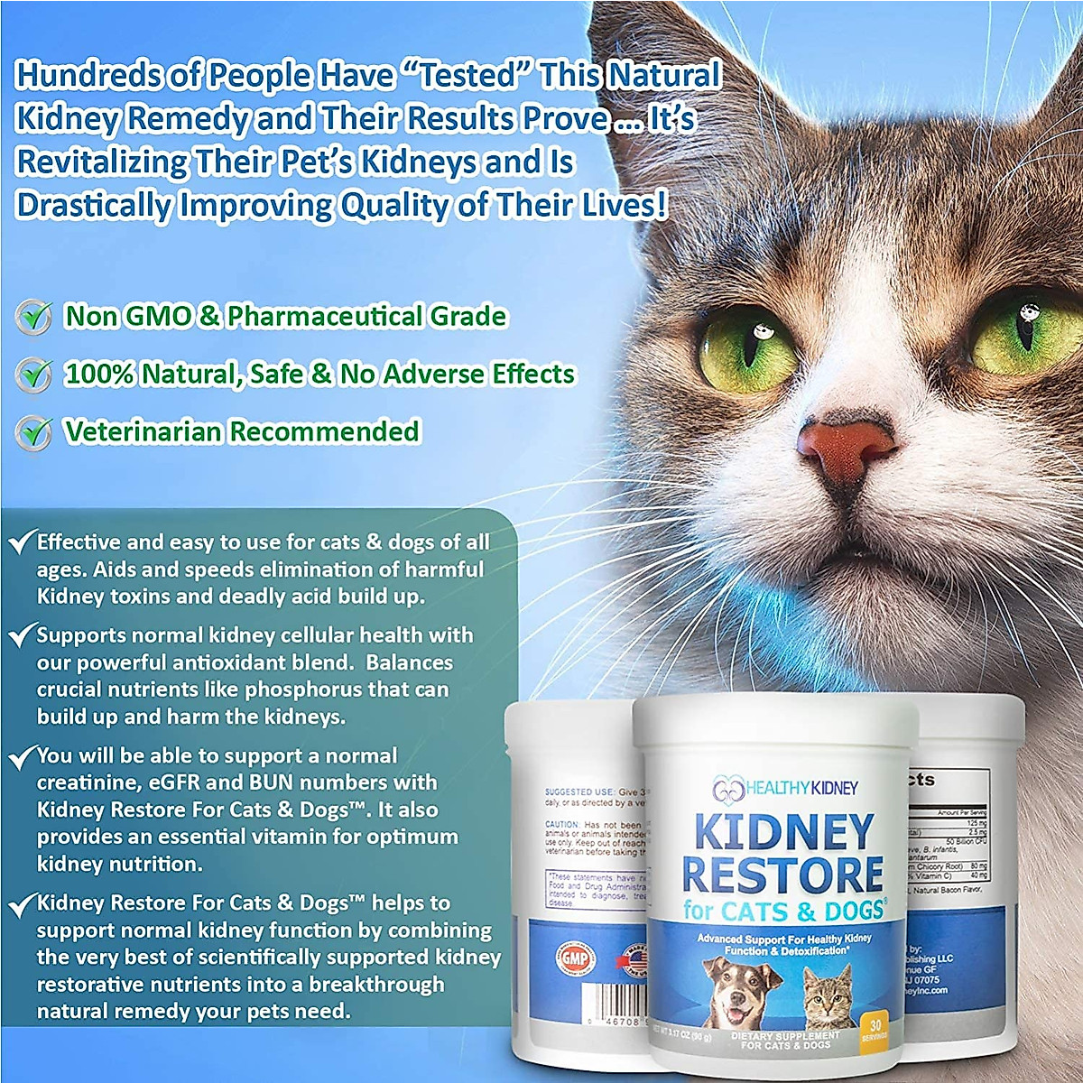 Kidney Restore Cats & Dogs Unflavored for Supporting Normal Kidney Function, Creatinine, Pet Renal Kidney Health Supplement Felines Canines