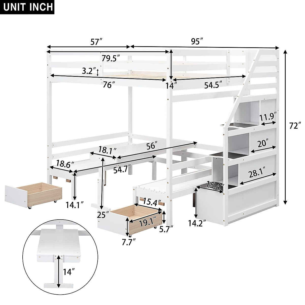 MERITLINE Full Loft Bed with Stairs and Desk, Wooden Full Loft Bed with Desk, Bunk Bed Full with Convertible Seats and Table Set Underneath for Kids Girls Boys Teens,White
