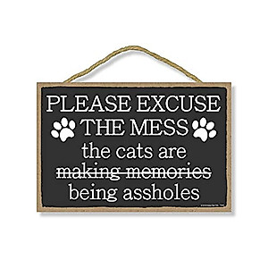 Honey Dew Gifts, Please Excuse the Mess, Funny Wooden Home Decor for Cat Pet Lovers, Hanging Decorative Wall Sign, 7 Inches by 10.5 Inches