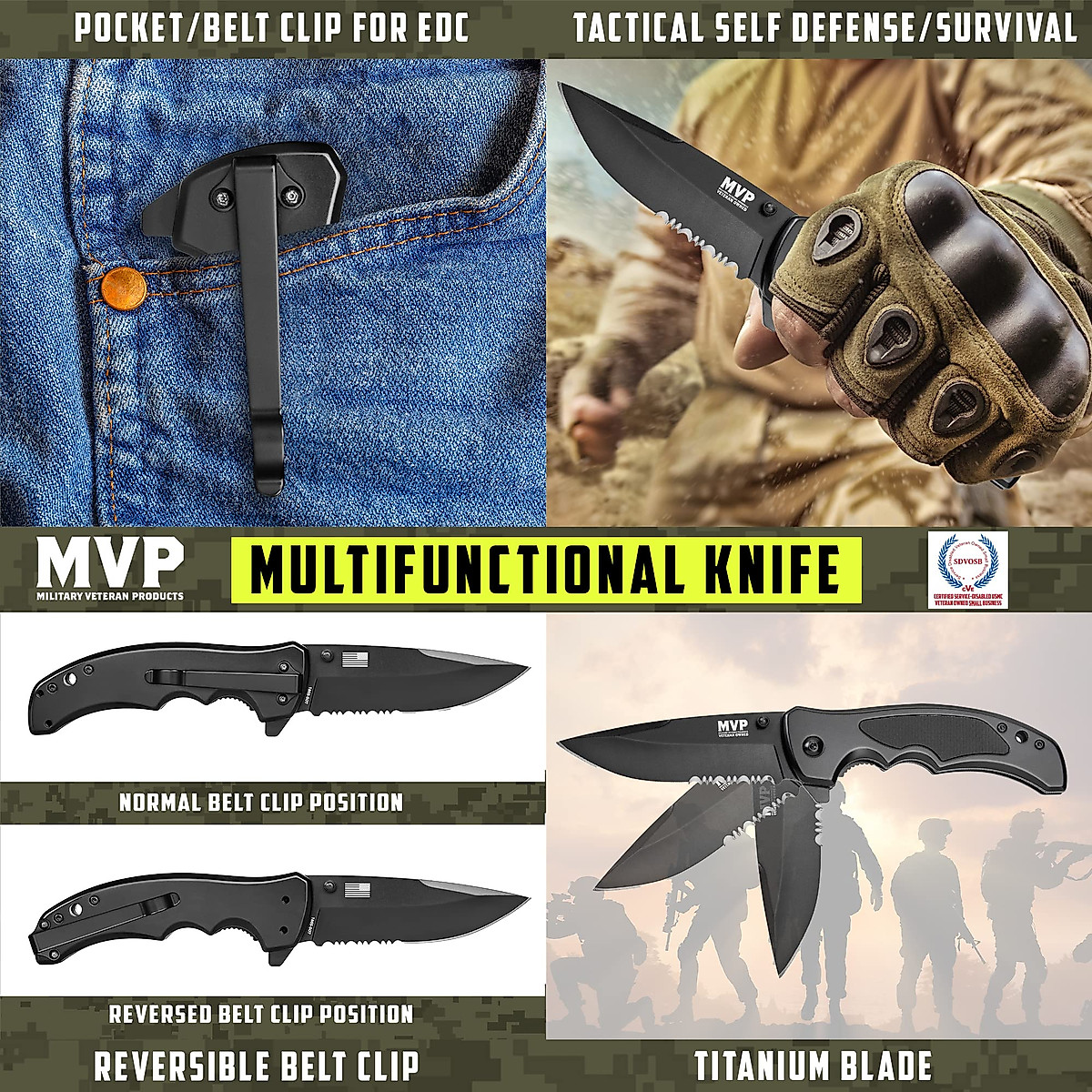 Military Gift Shop MVP 1805-SOT Black Stealth Tactical Pocket Knife | Steel Black Titanium Coated Folding Knife with Reversible Clip | SOT Black Knife