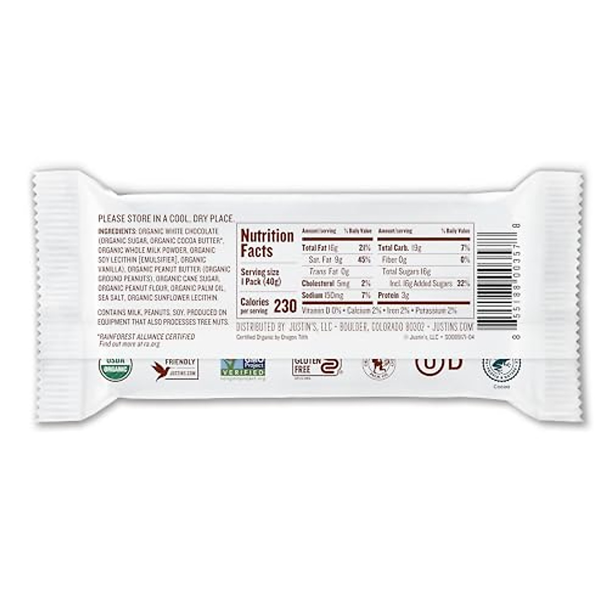 Justin's Organic White Chocolate Peanut Butter Cups, Rainforest Alliance Certified Cocoa, Gluten-free, Responsibly Sourced, 1.4 Ounce (Pack of 12)