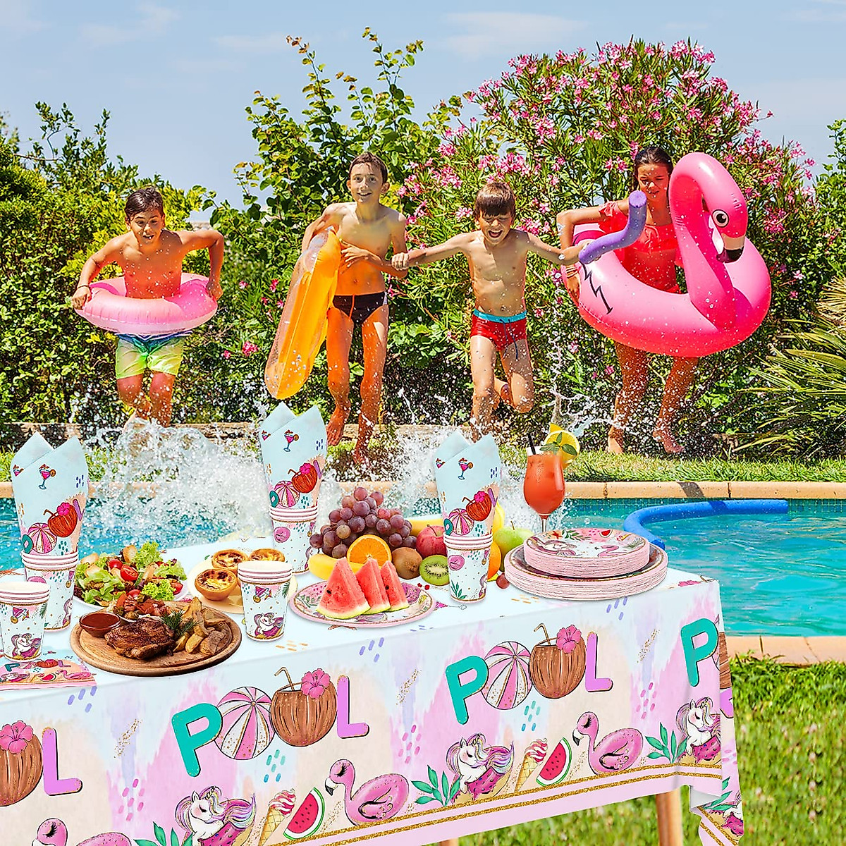 Summer Pool Party Decorations- 121PCS Pink Pool Plates and Napkins Set Beach Party Cups Tablecloths Flamingos Unicorns for Kids Boys Girls Luau Hawaiian Summer Theme Birthday Party Supplies 30 Guest