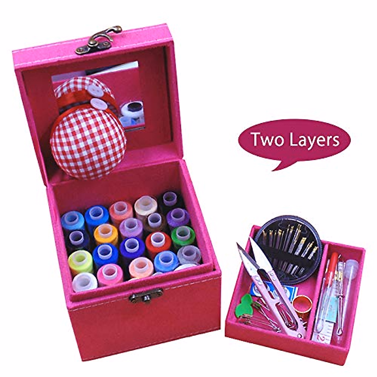 TINTON LIFE 2 Layers Sewing Kits with Vintage Box Sewing Accessories Supplies Kits for Adults Kids Beginner Travel Sewing Basket Metal Handle Pink