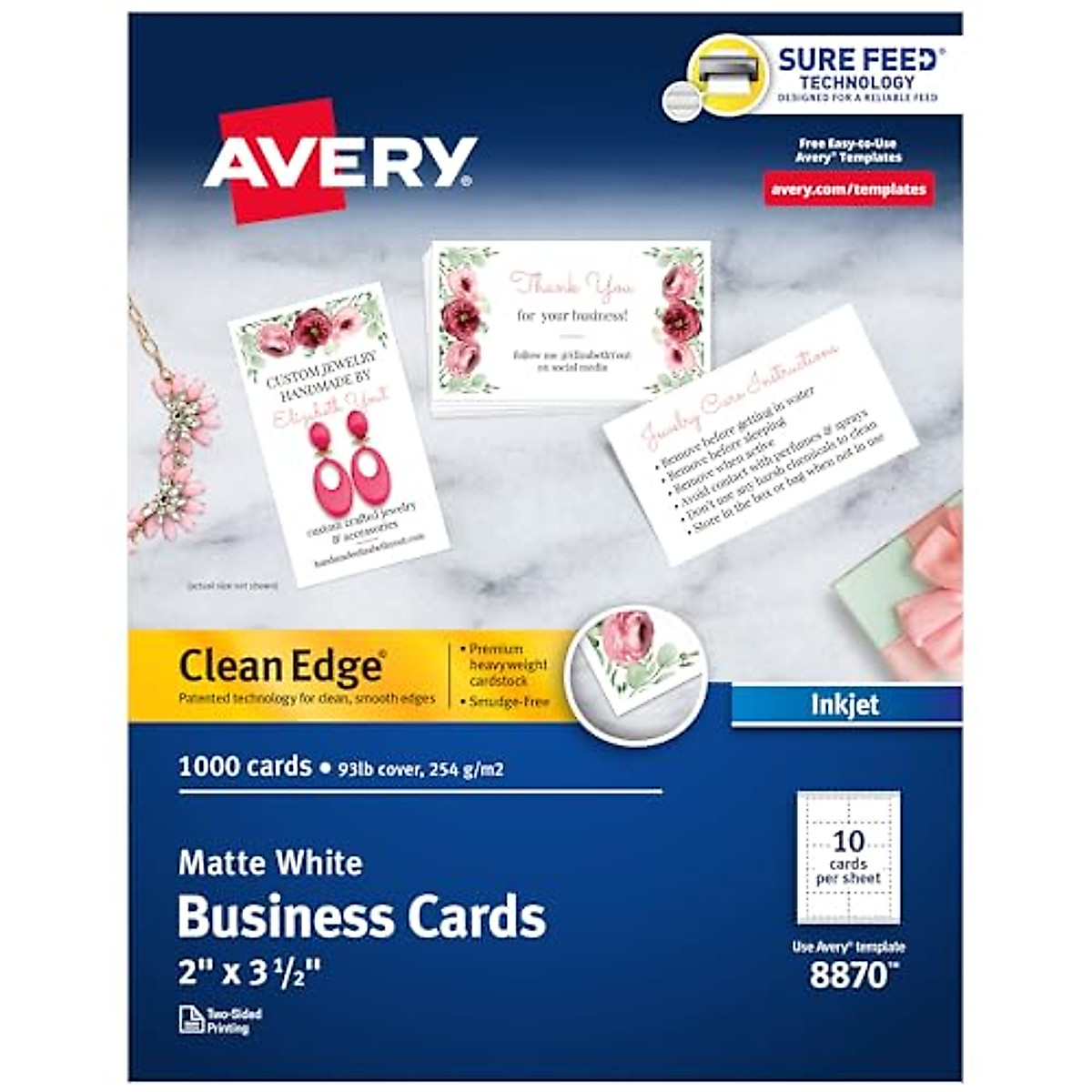 Avery Clean Edge Printable Business Cards with Sure Feed Technology, 2" x 3.5", White, 1,000 Blank Cards for Inkjet Printers (08870)