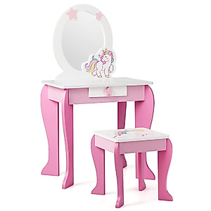 KOTEK Kids Vanity with Mirror and Stool, 2 in 1 Wooden Princess Makeup Dressing Table Set w/Detachable Top & Storage Drawer, Pretend Play Vanity Table Set for Girls (Pink Star)