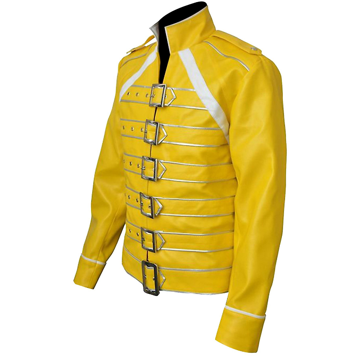 CHICAGO-FASHIONS Mens Freddie Concert Belted Motorcycle Yellow Faux Leather Mercury Costume, Freddie Mercury Jacket, Medium