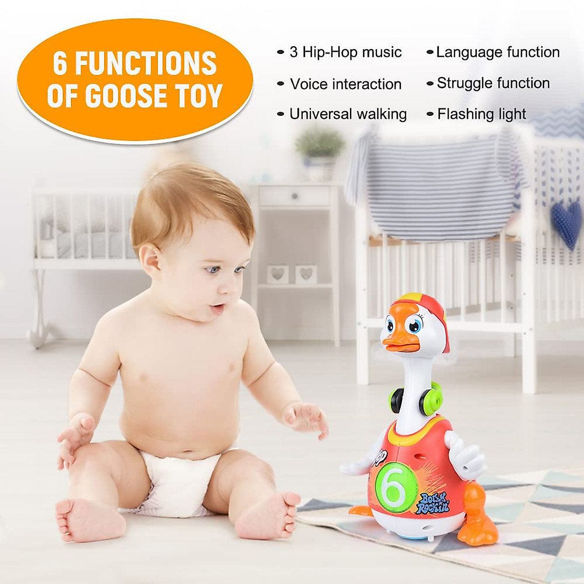 Woby Baby Musical Toy Dancing Singing Talking Walking Hip Hop Swing Goose Cool Educational Toy Gift for 1 2 3 Year Toddlers Kids Boys Girls