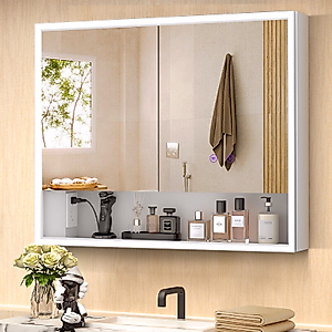 LALAHOO Medicine Cabinet Mirror with 3-Color Mode LED Recessed Medicine Cabinet or Surface Mount Medicine Cabinet with Socket USB Type-C Defog Storage Shelves 31.5x25.6 Inch