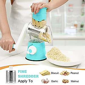 Elyum Rotary Cheese Grater Manual Cheese Grater with Handle 3 Interchangeable Stainless Steel Blades Cheese Shredder Strong Suction Base Cheese Graters for Kitchen Vegetables, Cheese and Nuts (Blue)