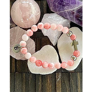 Women's Cross Bracelet with Initial Charm, Pink White Jade Semi Precious Stones (7, Pink White Jade)