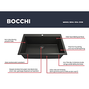 BOCCHI Campino Uno Dual Mount Granite Composite 33 in. Single Bowl Kitchen Sink with Strainer in Matte Black