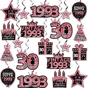 40Pcs Rose Gold 30th Birthday Decorations Hanging Swirls, No-DIY 30 Birthday Decorations for Women Ceiling Streams, Vintage 1993 Aged to Perfection 30th Birthday Decor Hanging Swirls