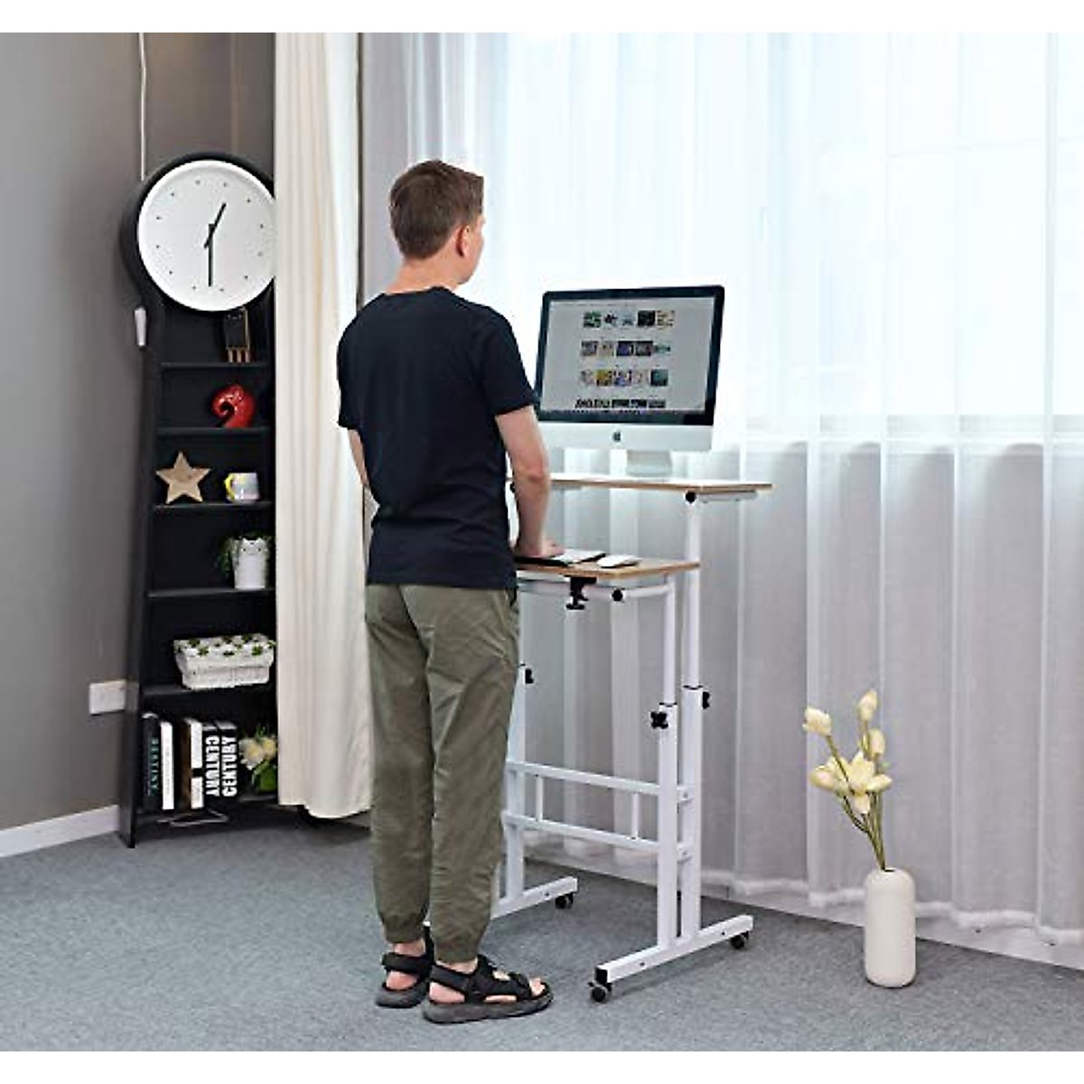 AIZ Mobile Standing Desk, Adjustable Computer Desk Rolling Laptop Cart on Wheels Home Office Computer Workstation, Portable Laptop Stand for Small Spaces Tall Table for Standing or Sitting, Oak