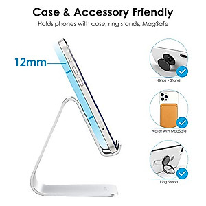 OMOTON Upgraded Aluminum Cell Phone Stand, C1 Durable Cellphone Dock with Protective Pads, Smart Stand Designed for iPhone 14 Plus, 14/13/12/11 Pro Max XR XS, iPad Mini, Android Phones, Silver