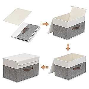 OUTBROS Foldable Storage Boxes with Lids,Large Linen Fabric Foldable Storage Boxes Organizer,Closet Organizers for Clothes Storage, Office Storage 13 x 9.1 x 7.9 inch,White/Grey，1-Pack