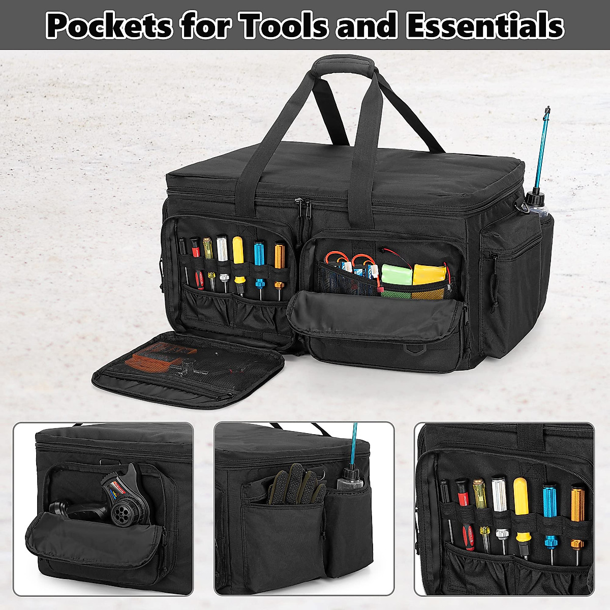 GOBUROS RC Storage Bag for 1/8 and 1/10 Car, RC Carrying Case with Bottom Solid Clapboard for Support and Multi-Pockets for RC Tools (Patent Design)