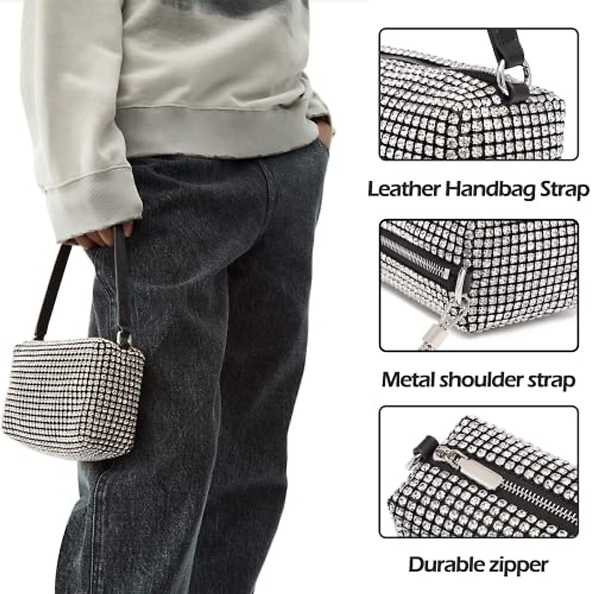 Rhinestone Bling Bag Purse Sliver Clutch Sparkly Crossbody Bags for Women Crystal Glitter Handbag for Party Prom Wedding