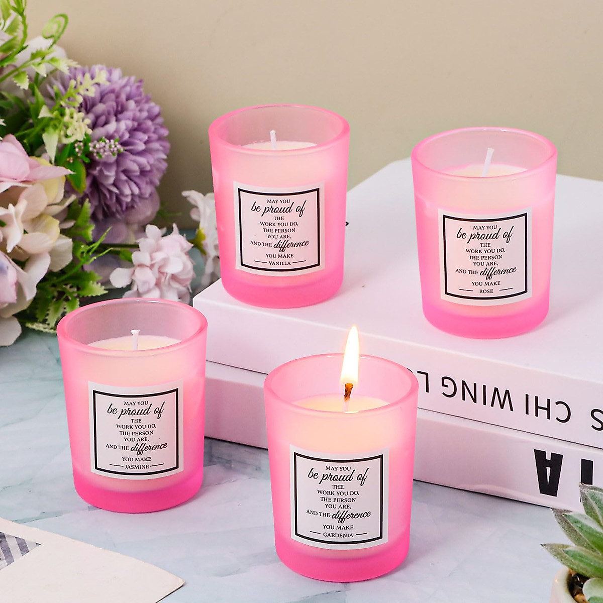 MTLEE 16 Pcs Candles for Home Soy Wax Scented Candle Jar Candles Gift for Women Thank You Gifts for Christmas Birthday Mother's Day Coworker Nurse Volunteer Teacher(Inspirational,Pink)