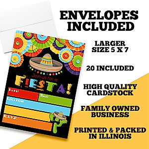 Fiesta Mexican Themed Party Invitations for Birthday Celebration, Retirement, or Cinco De Mayo, 20 5x7 Fill In Cards with Twenty White Envelopes by AmandaCreation